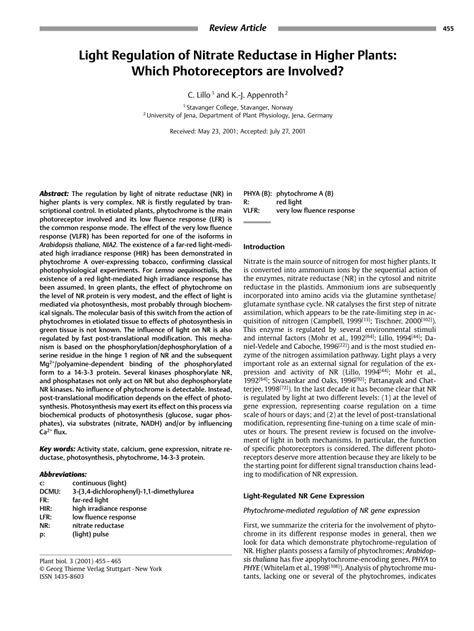 Pdf Light Regulation Of Nitrate Reductase In Higher Plants Which Photoreceptors Are Involved