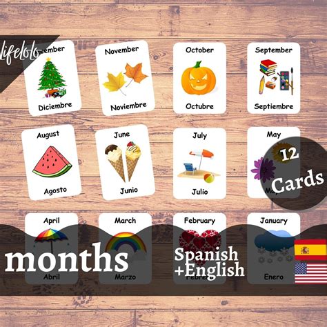 Months Of The Year Spanish Flash Cards 12 Bilingual Cards Montessori