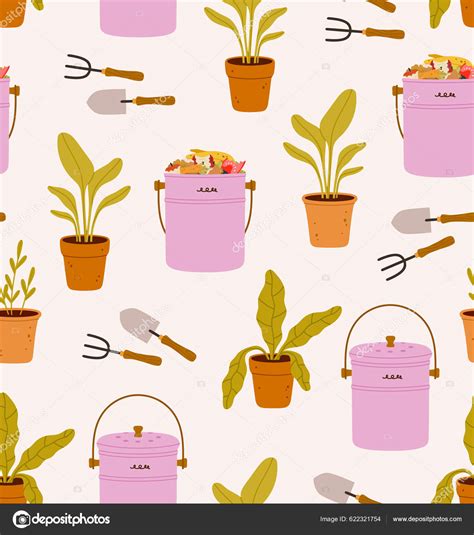 Seamless Pattern Kitchen Composter Flower Pot Shovel Rake Houseplant