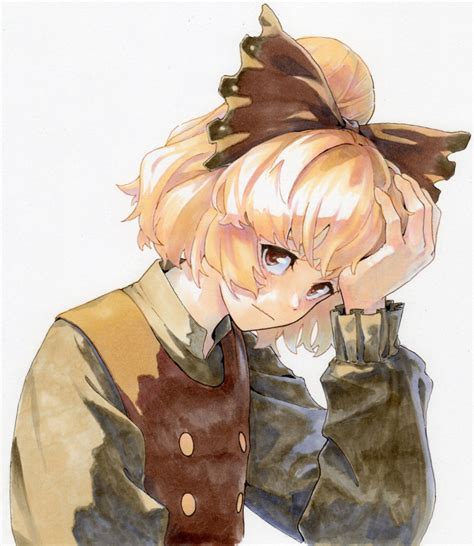 Safebooru 1girl Arm Support Bangs Black Shirt Blonde Hair Blush Bow