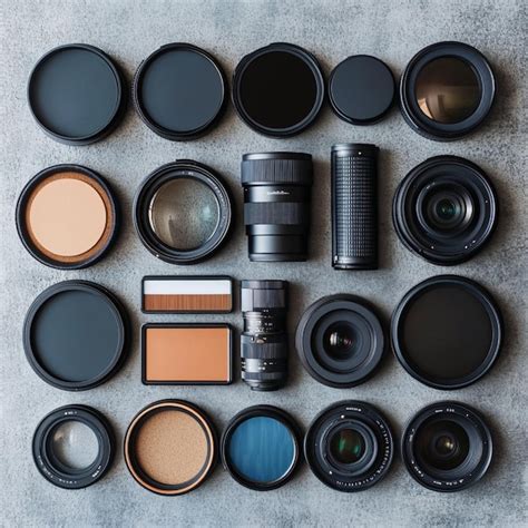 an array of camera filters and lens hoods laid out on a surface