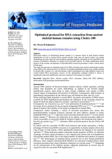 Pdf Optimized Protocol For Dna Extraction From Ancient Skeletal Human