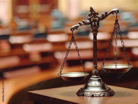 Scales Of Justice In Courtroom Setting Law And Order Symbol Legal