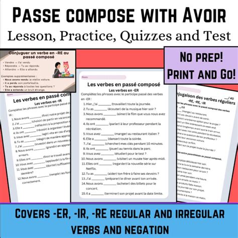 Passé Composé With Avoir Lesson Practice And Assessment Tpt