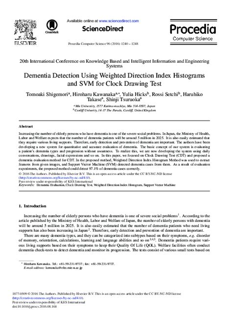 Pdf Dementia Detection Using Weighted Direction Index Histograms And Svm For Clock Drawing