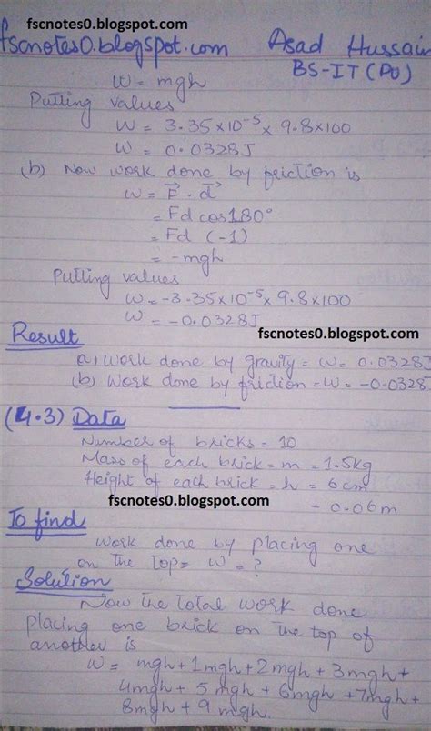 Fsc Ics Notes Physics Xi Chapter 4 Work And Energy Numerical Problems