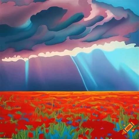 A Field Of Wildflowers And Poppies Dramatic Rainstorm Sky With