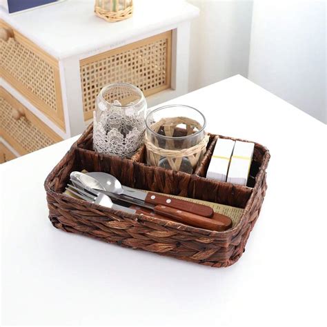 Water Hyacinth Divided Storage Basket Woven Natural Wicker Rectangular