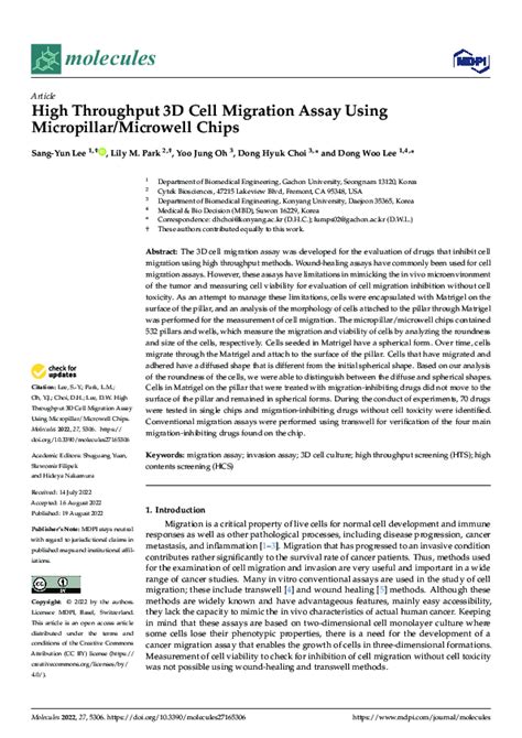 Pdf High Throughput 3d Cell Migration Assay Using Micropillarmicrowell Chips Lily Park