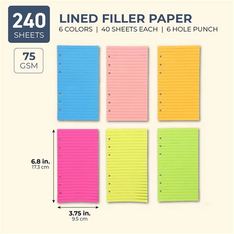 6 Hole Punch Lined Filler Paper For A6 Binders Neon Colors 3 57 X 6 8