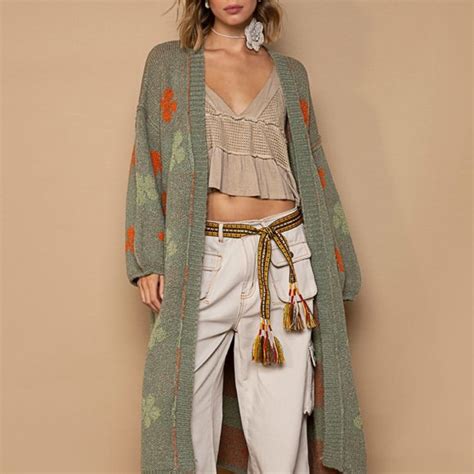 Pol Sweaters Nwt Pol Olive Floral Long Open Front Cardigan Sweater