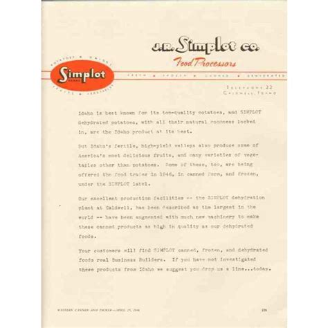 J R Simplot Company 1946 Food Processor Dehydrated Potatoes Vintage Ad