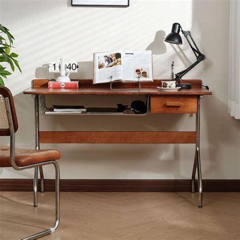 17 Stories Reddish Brown Rectangular Solid Wood Stainless Steel Desks