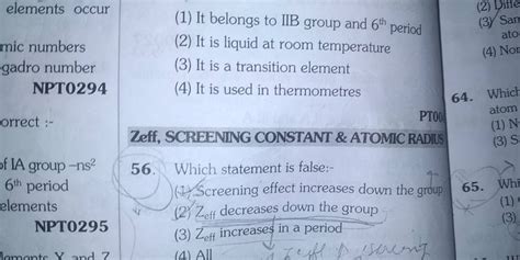 Zeff Screening Constant And Atomic Radius 56 Which Statement Is False