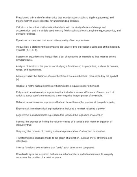 Mat 171 Precalculus Algebra Vocabulary Precalculus A Branch Of