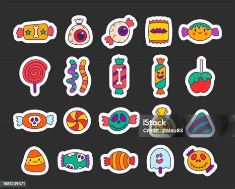 설탕 할로윈 달콤한 사탕 스티커 책갈피 재밌는 음식 만화 카라멜 빨판 손으로 그린 스타일입니다 벡터 그리기 디자인 요소 모음 가지 식물 부위에 대한 스톡 벡터 아트 및 기타