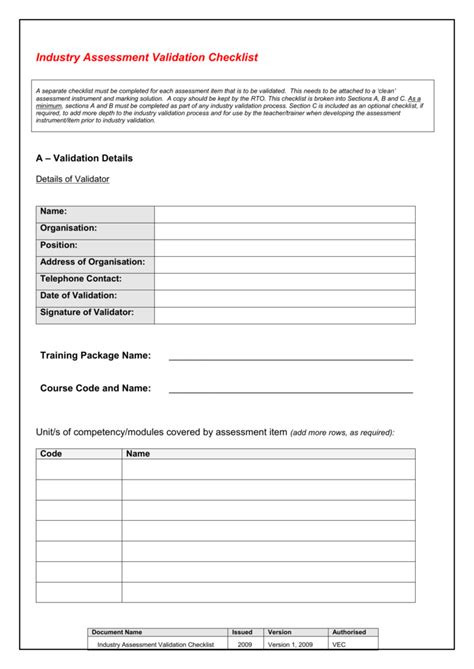 Industry Assessment Validation Checklist