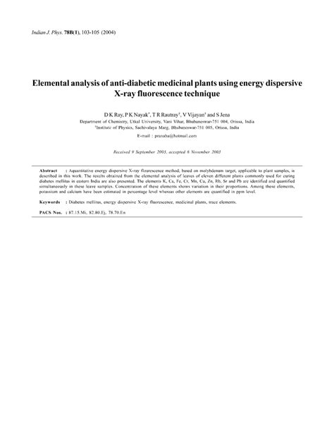 Pdf Elemental Analysis Of Anti Diabetic Medicinal Plants By Using