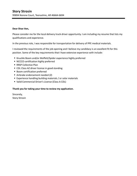 Local Delivery Truck Driver Cover Letter Velvet Jobs