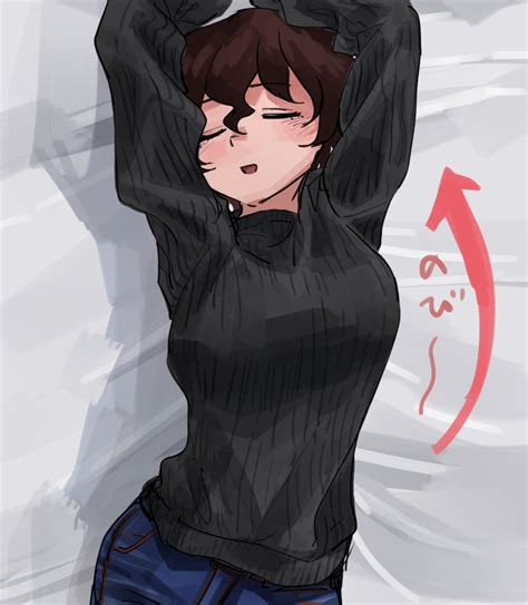 Safebooru 1girl Akaboshi Koume Blush Brown Hair Closed Eyes Denim