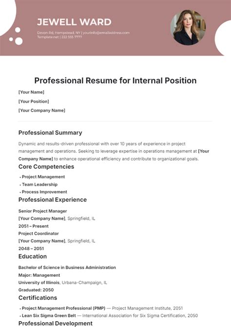 Free Professional Resume For Internal Position Template To Edit Online