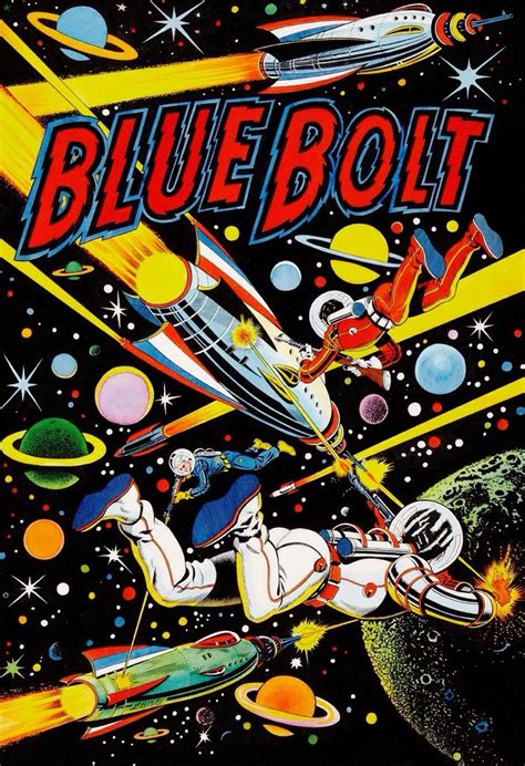 Vintage Blue Bolt Space Poster Design Comic Space Art Blue Rocket