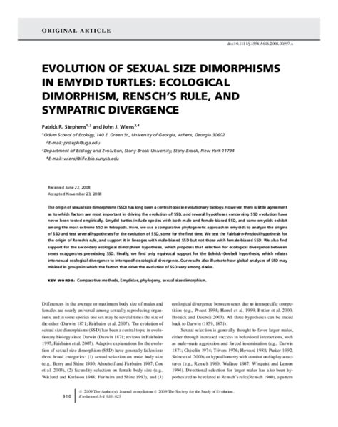 Pdf Evolution Of Sexual Size Dimorphisms In Emydid Turtles