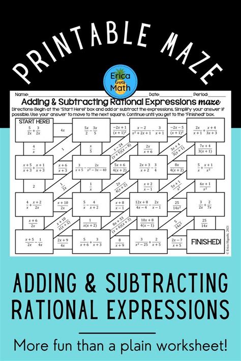Adding And Subtracting Rational Expressions Maze Worksheet Activity Rational Expressions