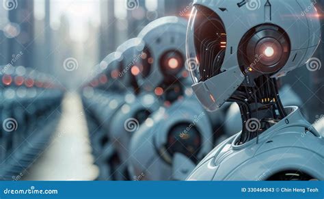 Close-up of Futuristic Robots Lined Up in a High-tech Assembly Line, Showcasing Advanced AI and ...