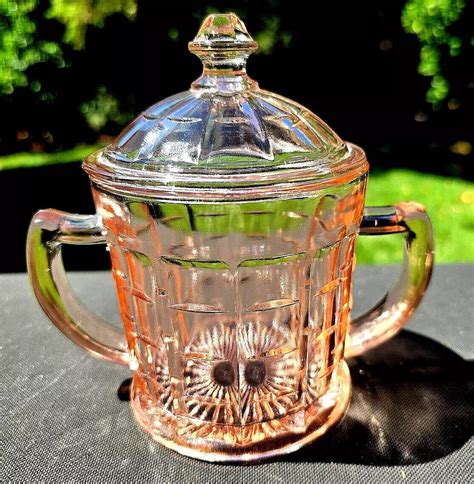 Vintage Hazel Atlas Glass Company Pink Colonial Block Sugar Bowl With