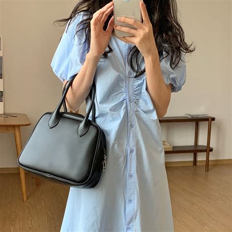 데일리 심플 트렌디 셔링 A 라인 컬러 셔츠 롱원피스 퍼프숄더 화이트핑크블루그린오렌지레몬