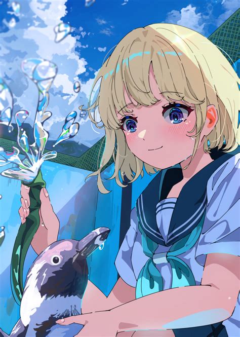 Safebooru 1girl Bird Blonde Hair Blue Eyes Blush Breasts Clouds Cloudy Sky Fence Highres