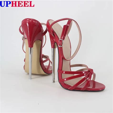 UPHEEL Summer Extreme High Heel 18cm Hi Heel Black Patent Sexy Fetish High Heel BUCKLE STRAP Sex