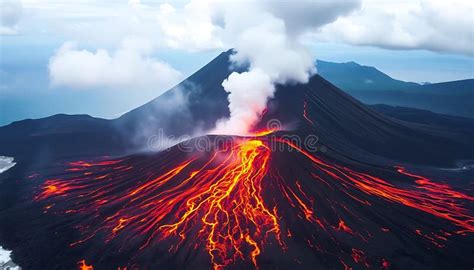 Volcanic Eruption With Lava Flow Powerful Nature And Geological Event