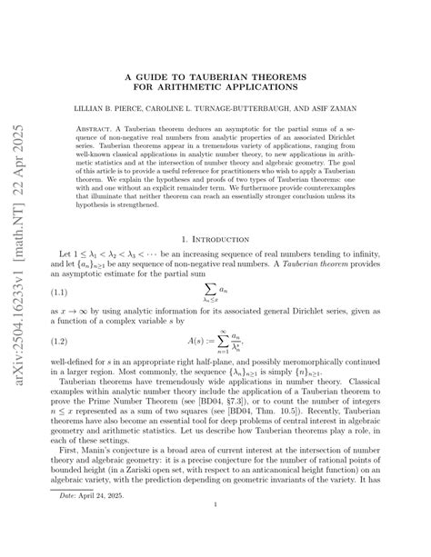 Pdf A Guide To Tauberian Theorems For Arithmetic Applications