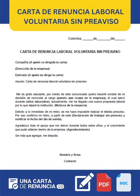 Formato De Carta De Renuncia Con Preaviso Descarga Word Unamedformato