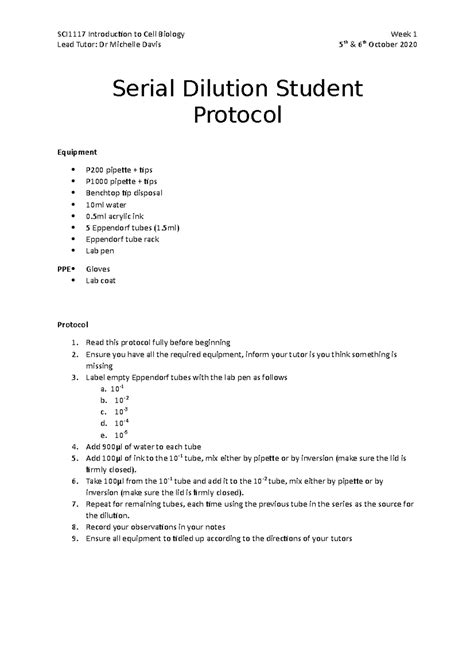 Serial Dilution Student Protocol Serial Dilution Student Protocol