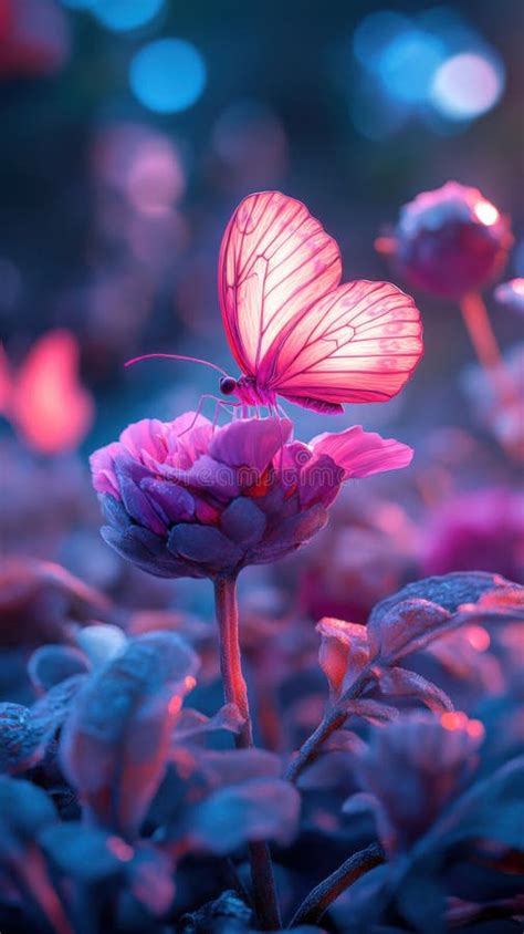 Glowing Neon Butterfly Rests Softly On Frosted Flower In Natural Light