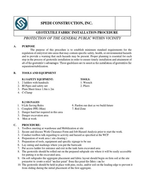 Geotextile Installation Procedure Spedi Pdf