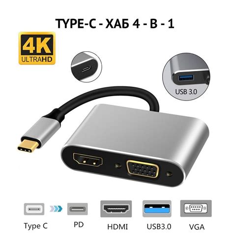 Type-C Хаб 4 в 1 - PD, HDMI, VGA, USB, поддержка 4К - купить с ...