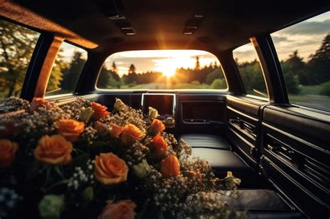 Premium Ai Image Flowers In A Hearse At Sunset Passing Through A Cemetery