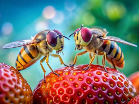 Intense Encounter Two Hoverflies Battle For A Juicy Strawberry A