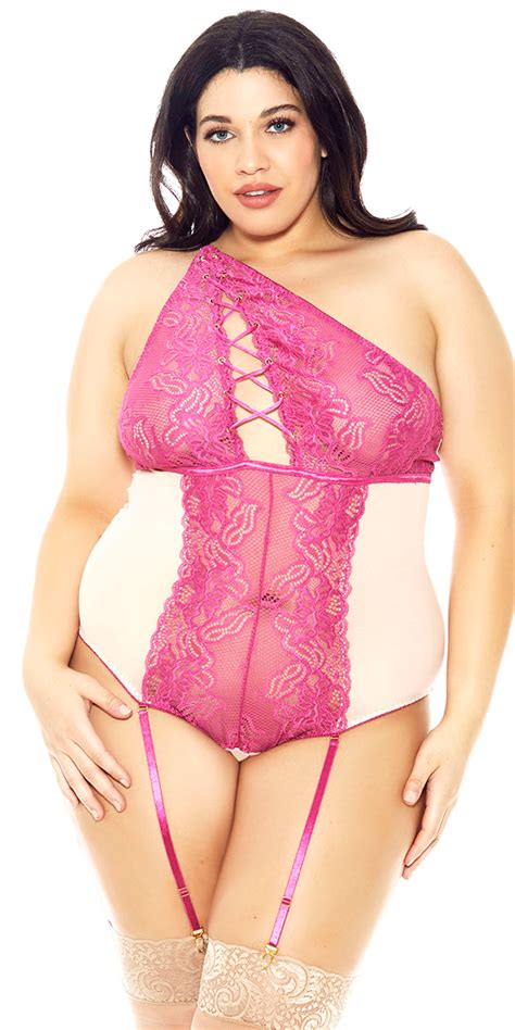 Plus Size Hot Pink And White Asymmetrical Teddy Womens Lingerie