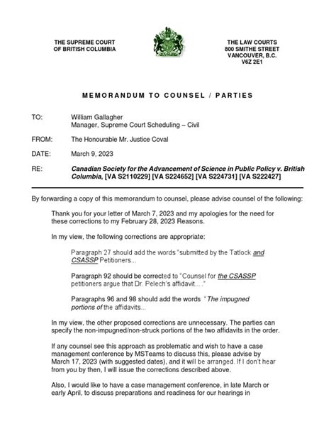 2023 03 09 Memorandum To Counsel Justice Coval Acknowledges Need To