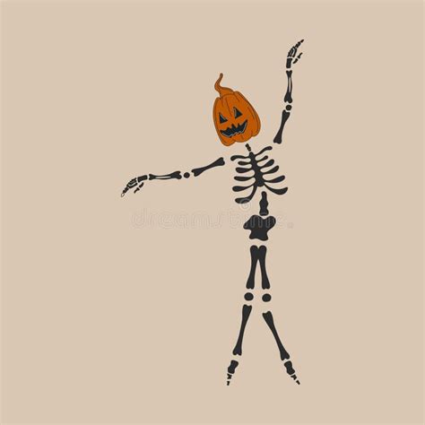 Funny Skeleton With A Pumpkin Head Cute Character Skeleton Bones Stock
