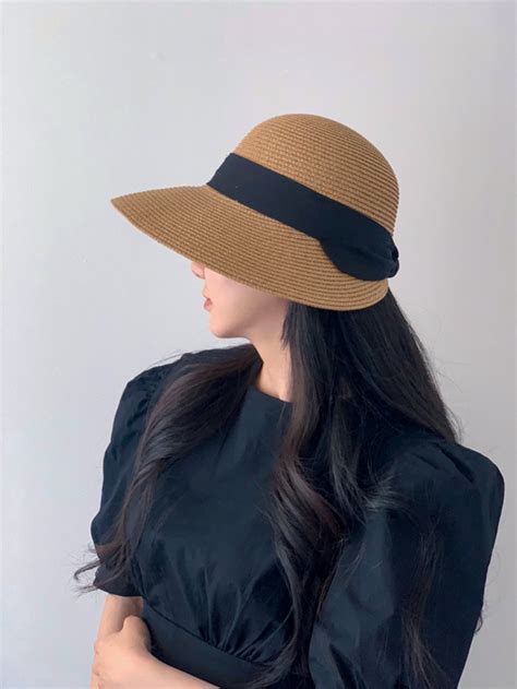 배드걸 당일출고무배 블랙띠 리본 오리챙 넓은챙 밀짚 버킷햇 휴양지 라피아 모자