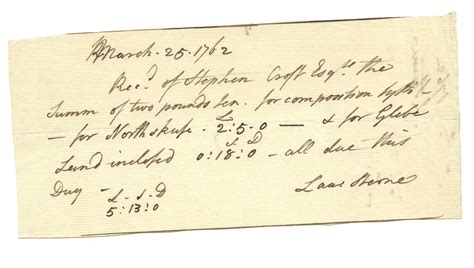 Tithe Receipt For Stephen Croft From Laurence Sterne 25 March 1762