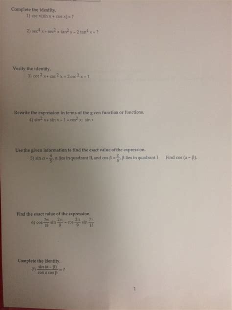 solved complete the identity 1 csc x sin x cos x