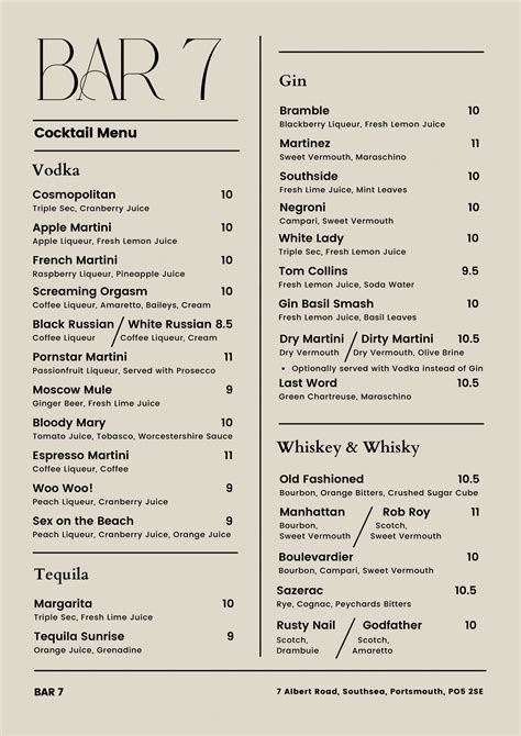 Menu 7 Bar Restaurant