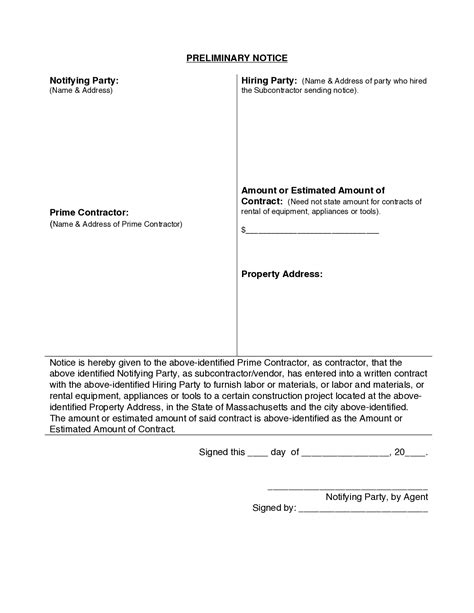 Massachusetts Preliminary Notice Form Free Template